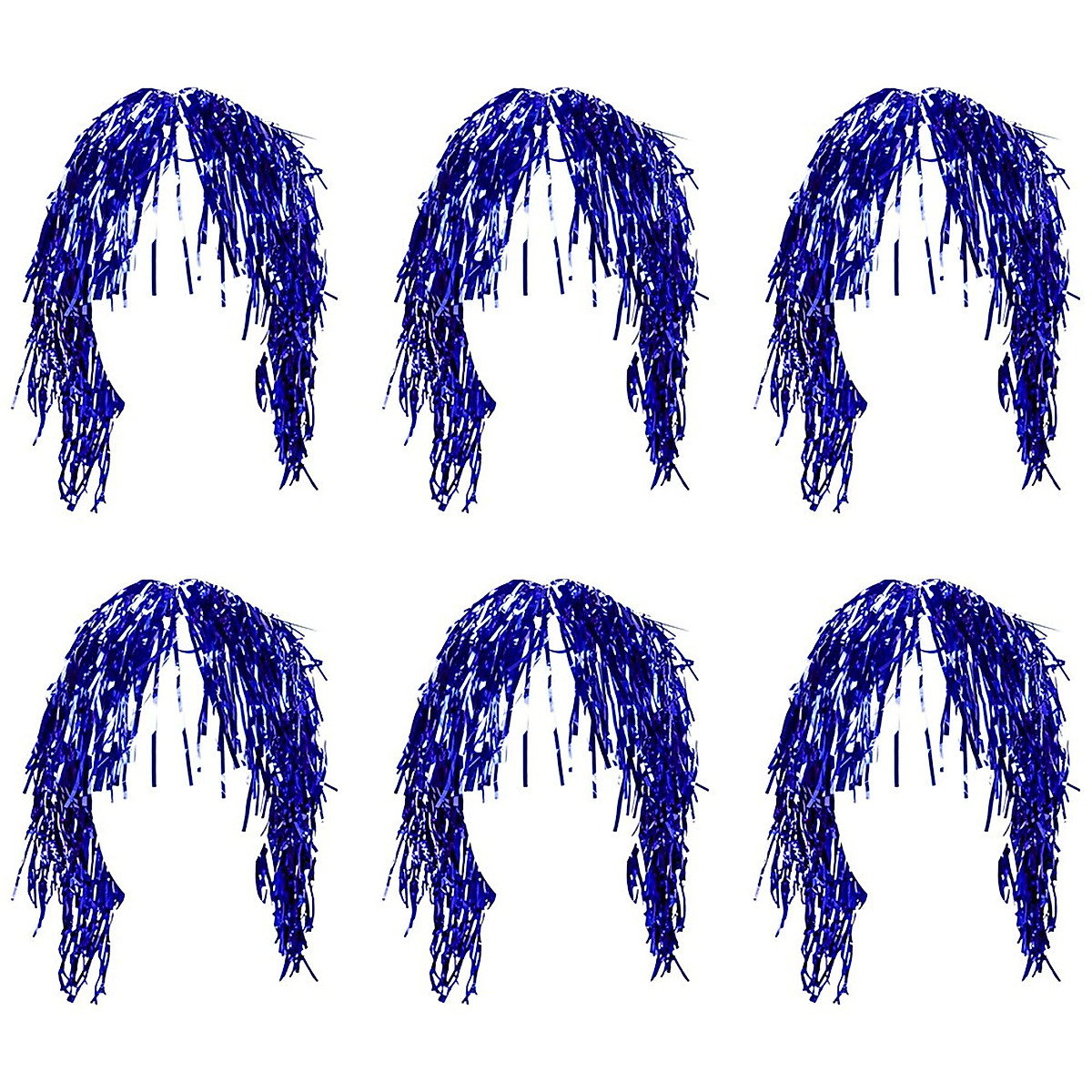 Tinsel Wigs, 6-Pack - Fake Foil Hair Props - Halloween, Events, Arts & Crafts (Blue)