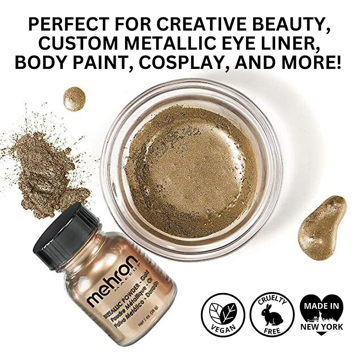 Mehron Makeup Metallic Powder | Metallic Chrome Powder Pigment for Face & Body Paint, Eyeshadow, and Eyeliner 1 oz (28 g) (Gold)