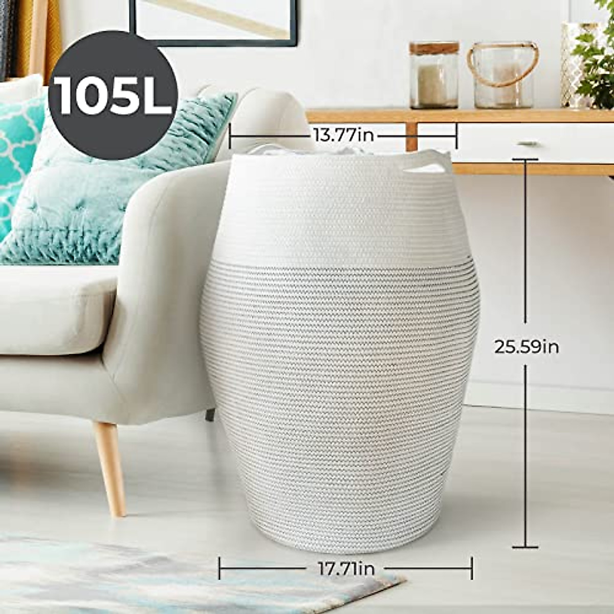 Goodpick Laundry Hamper | Woven Cotton Rope Dirty Clothes Hamper Tall kids Curve Laundry Basket Large, (White, 25.6 x 17.71 Inch)