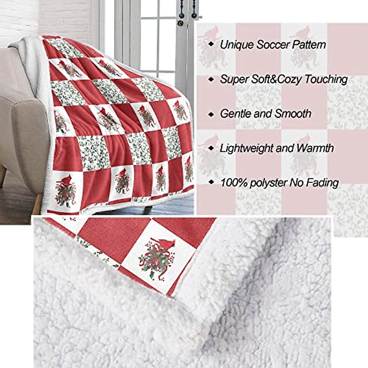 Christmas Sherpa Fleece Twin Size Blanket, Cardinals Birds Stitching Plaid Fuzzy Soft Lightweight Breathable Bed Sofa TV Couch Blanket - 60'x80'