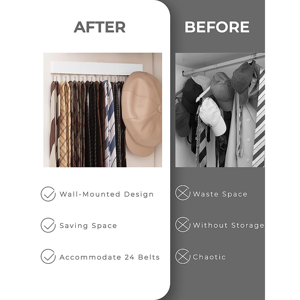 StorageWorks Belt Organizers for Wall, Wooden Belt Holder, Belt Storage with 12 Hooks, Tie Rack Wall Mounted, Belt and Tie Organizer for Closet, White, 2 Pack