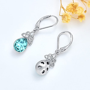 VONALA Celtic Knot Earrings 925 Sterling Silver Aquamarine Earrings Blue Crystal Leverback Dangle Earrings March Birthstone Earrings for Women