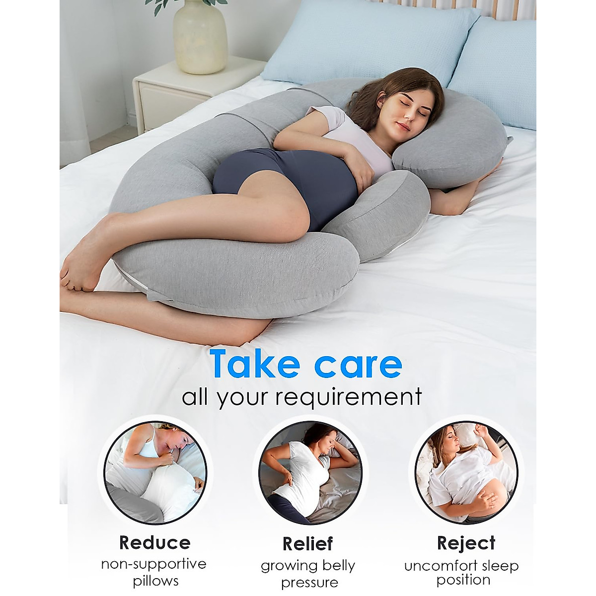 QUEEN ROSE Cooling Pregnancy Pillows, E Shaped Maternity Pillow for Sleeping, with Extra Wedge Pillow for Belly Support, 55 Inch Detachable Body Pillow, Breathable Cover, Grey