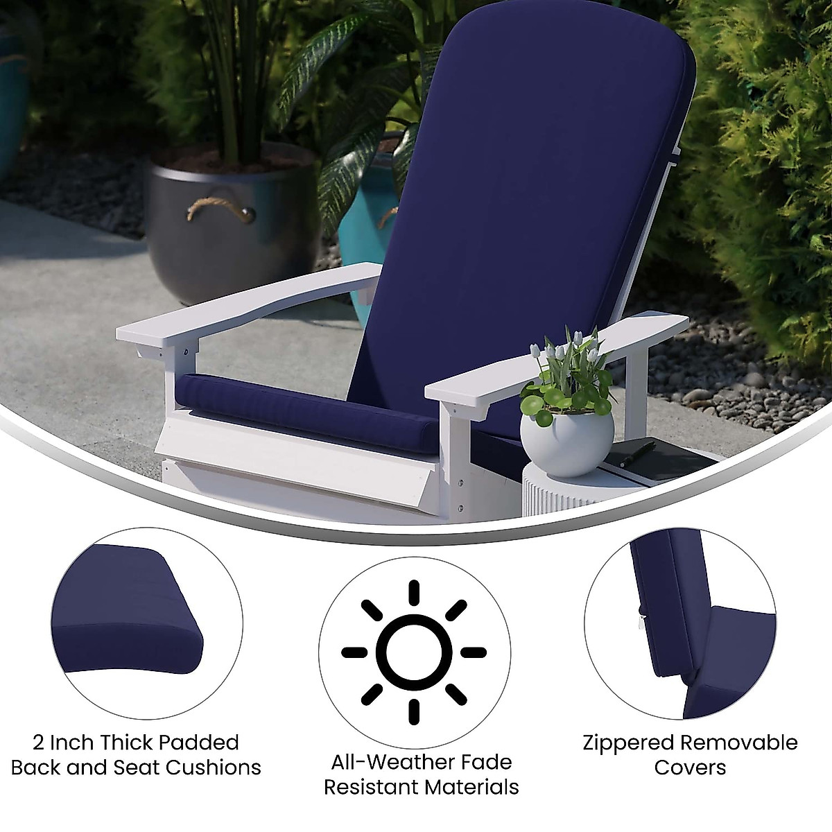 Flash Furniture Charlestown Set of 2 Adirondack Chair Cushions - Blue Fabric Cushions - 2" Thick Padding - Indoor/Outdoor - Patio Chair Replacement Cushions