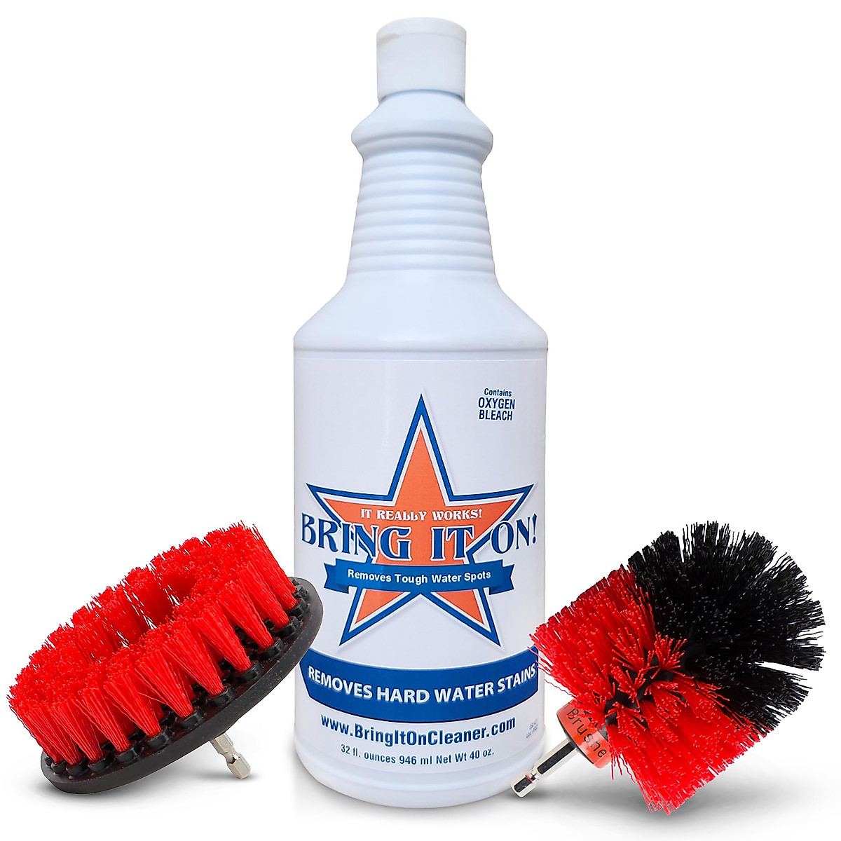 Bring It On Cleaner Water Spot Remover Plus 2 Drill Brushes, Clean Tile, Cleaning Drill Scrub Brush, Cleaning Brush for Drill, Drill Brush Attachment (32 oz)