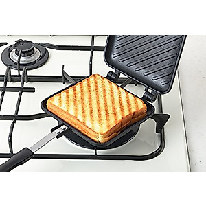 Yoshikawa SJ2408 Hot Sandwich Maker, Crispy Grilled Single, Fluorine Treated, For Gas Stoves, Black, Total Width: 13.8 inches (35 cm)