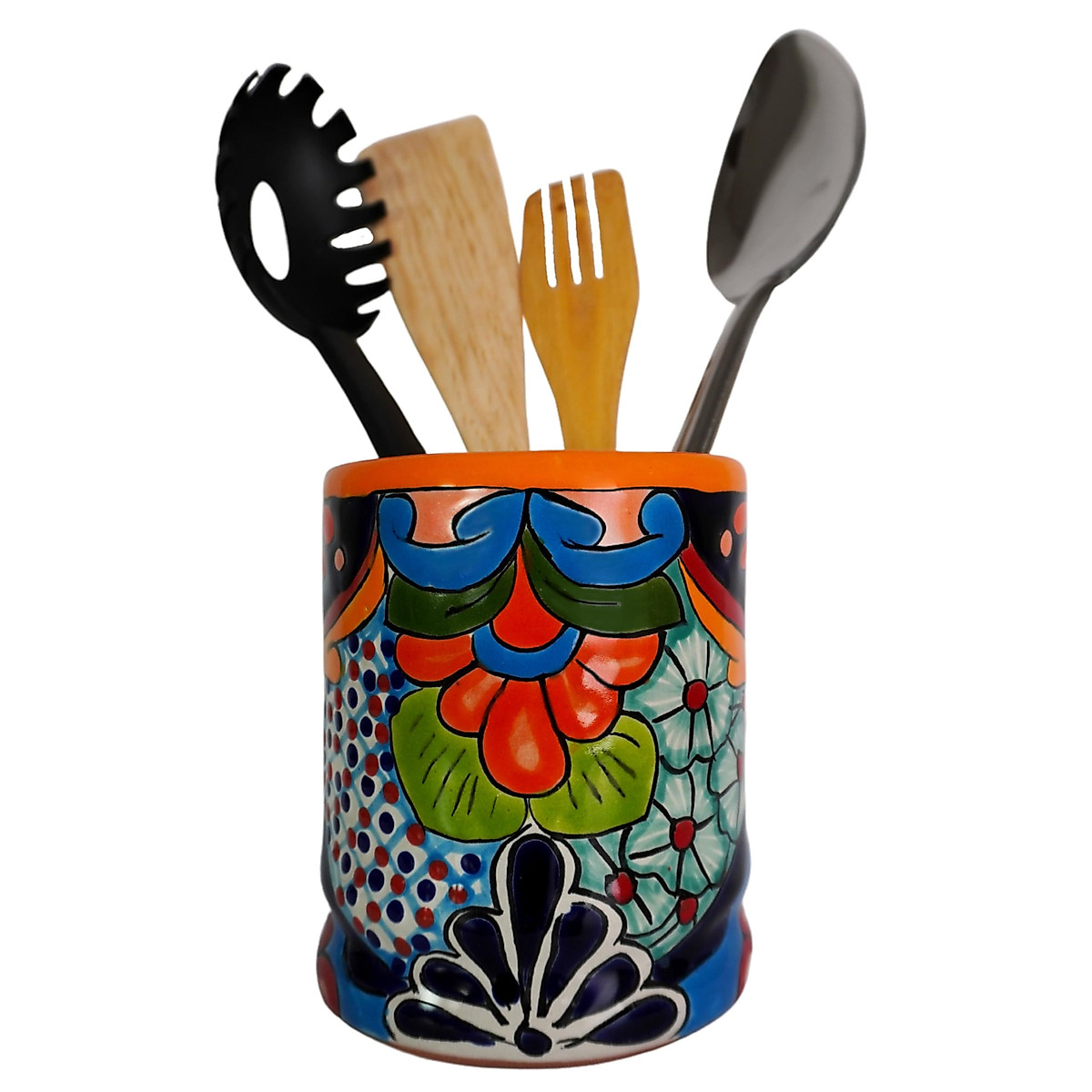 ELTRICOLOR Talavera Cooking Utensil Holder - Handmade Ceramic Spoon Holder - Colorful Clay Utensil Crock - Authentic Mexican Spoon Rest Vase for Spoons - Spatula Holder for Counter 6" H (Marigold)