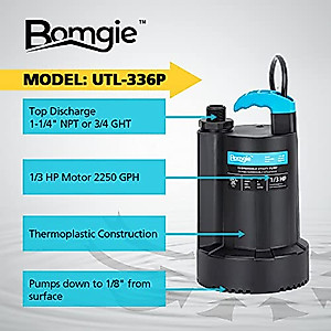 BOMGIE 1/3 HP Submersible Water Pump, 2250GPH Thermoplastic Sump Pump Portable Electric Utility Water Pump Removal for Pool Draining Basement Hot Tubs Garden Pool Cover Pond with 10ft Power Cord