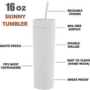 momocici Matte Skinny Tumblers Bulk.16oz Matte Pastel Colored Skinny Tumblers with Lids and Straws.Double Walled Plastic Acrylic Smoothie Tea Iced Coffee Tumbler Cups.Slim White Tumbler Set.(White)
