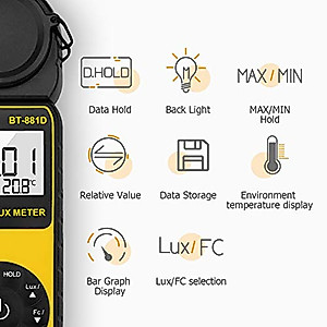 BTMETER BT-881D Digital Illuminance Light Meter, Measure Lights 0.01~400,000 Lux (0.01~40,000 FC) Foot Candles Luxmeter with 270º Rotated Sensor for Plants LED Lights Indoor Outdoor Light Tester