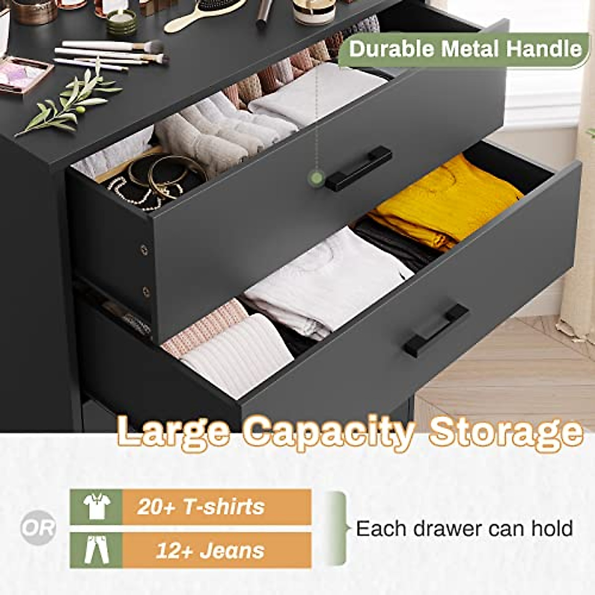 Hasuit Black Dresser for Bedroom, Tall 5 Drawer Dresser with Sturdy Base, Wooden Large Capacity Storage Cabinet, Chest of 5 Drawers for Closet, Living Room, Hallway
