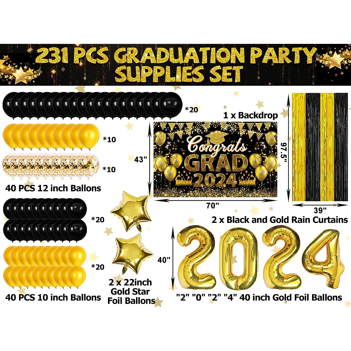 231PCS Graduation Decorations Class Of 2024, 2024 Graduation Party Decorations for High School College With Backdrop balloons Paper Plate Cup Napkin Cutlery Tablecloth Balloon Garland (Black and Gold)