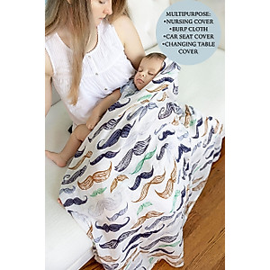 Noisy Mouse 47" x 47" Muslin Swaddle Blanket. 70% Bamboo, 30% Cotton. Little Man Mustache Pattern…