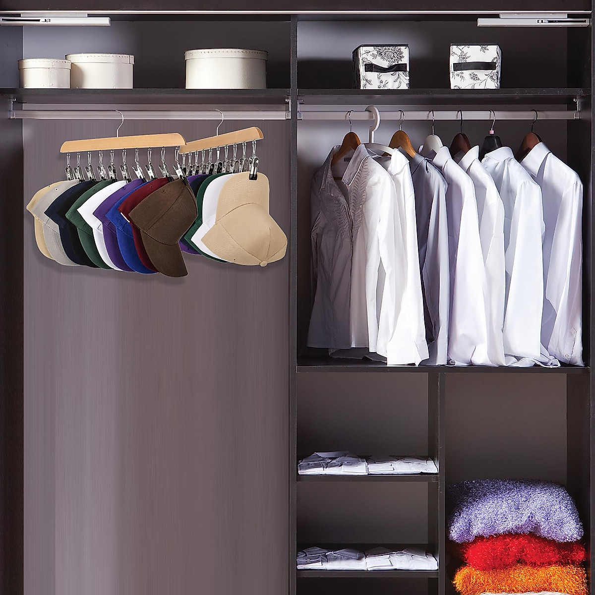 Hat Racks for Baseball Caps Sangle Sopffy 2PCS Wooden Hat Hanger with 10 Rubber-Coated Stainless Steel Clip,Hat Organizer for Hat Storage Organizer,Fit for All Caps,Clothing Accessories,Log Colour.