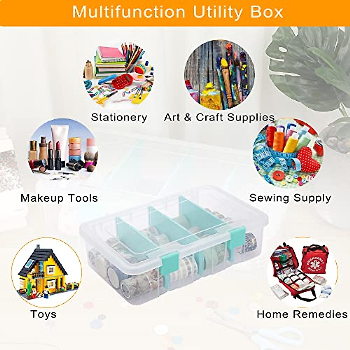 BTSKY Clear Plastic Dividing Storage Box with 4 Compartments Adjustable Storage Bin with Lid Plastic Craft Storage Container Multipurpose Sewing Box Art Supply Organizer, 13.3x8.1x3.4 Inches