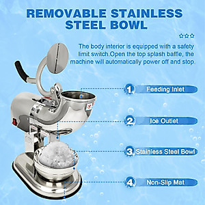 Shaved Ice Machine Electric Snow Cone Maker Machine Ice Crusher Dual Blades 440lbs/hr for Home and Commercial Ice Shaver Heavy Duty Silver