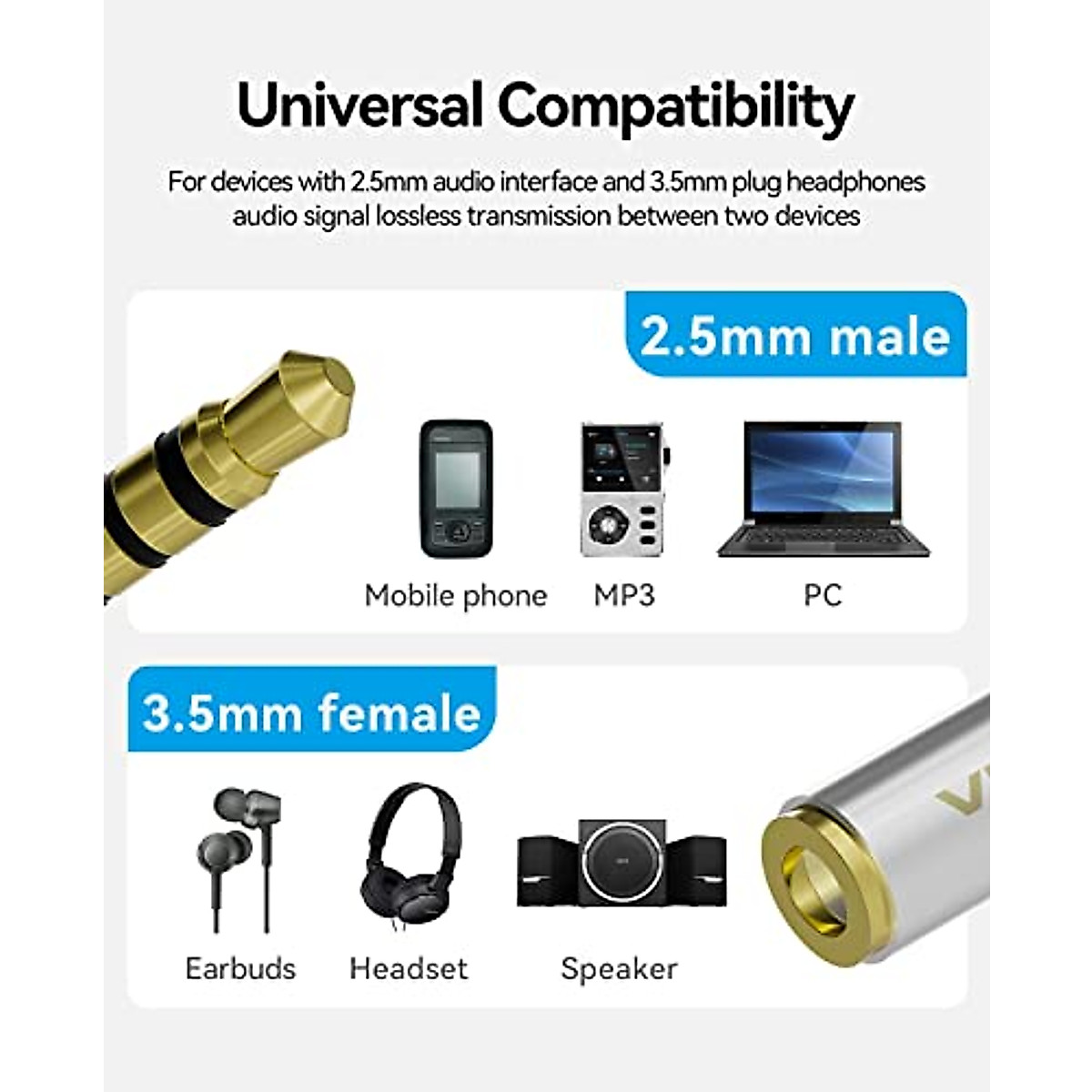 VENTION 3.5mm to 2.5mm Audio Adapter, 3.5mm Female to 2.5mm Male Audio Converter, Gold-Plated Audio Jack Connector, 3.5 to 2.5 Stereo/Mono Auxiliary Plug for Headphones Earphones Speakers (2 Pack)