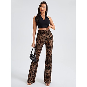 OYOANGLE Women's Bootcut High Waisted Yoga Pants Floral Print Wide Leg Pants Trousers Brown Floral M