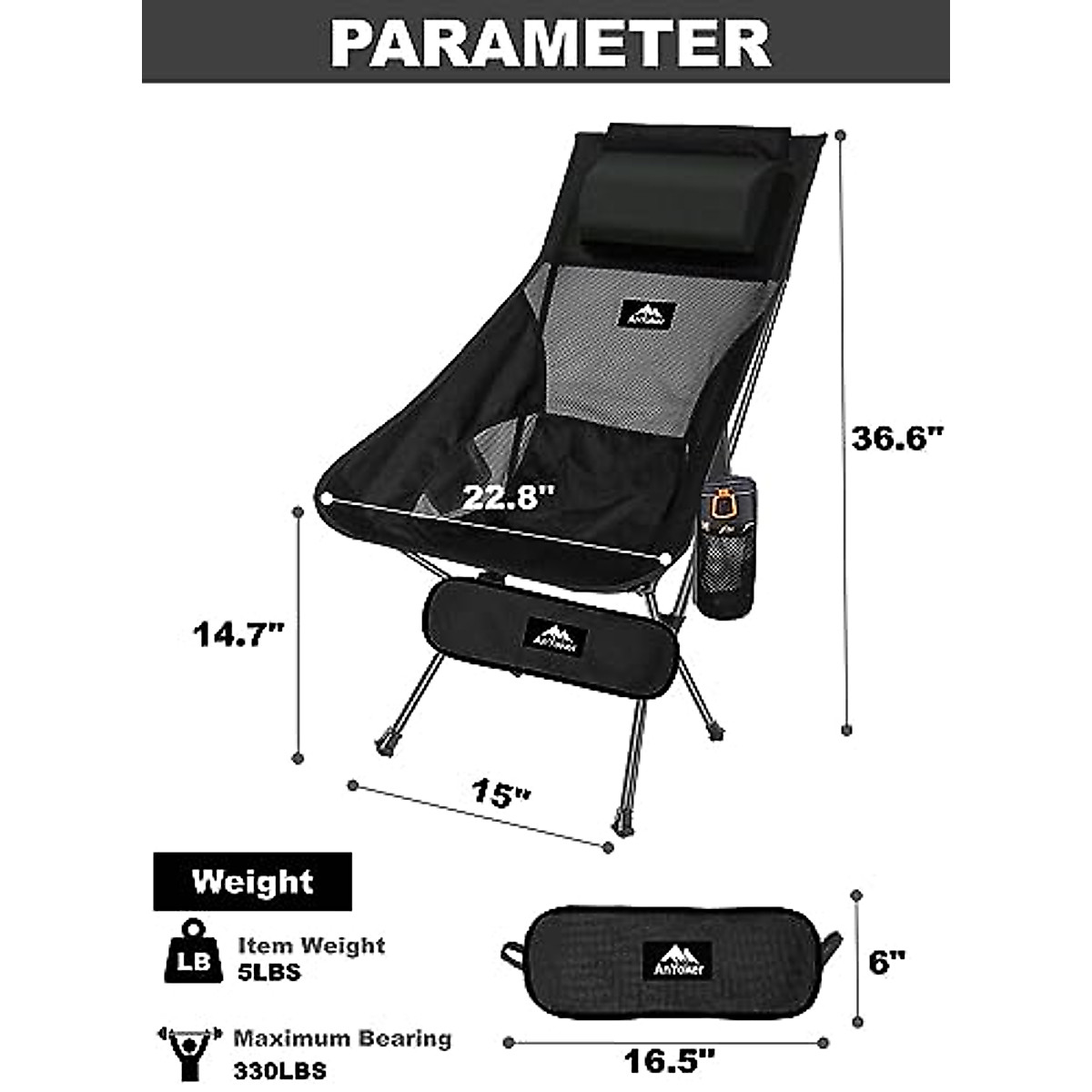 AnYoker Camping Chair, High-Back Compact Backpacking Chair, Portable Folding Chair, Beach Chair with Side Pocket and headrest, Lightweight Hiking Chair 0066ZZ (Black)