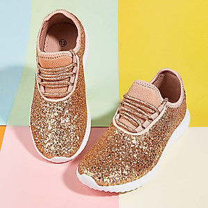 K KIP WOK Toddler Girls Glitter Sneakers Sparkle Slip On Walking Shoes for Kids/Children Breathable Running Sneakers(Rose Gold2,Big Kids 4)