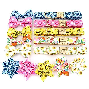 KINYABLUE Floral Pattern Cute Dog Collar for Large Dogs, Personalized Custom Dog Collars with Name, Soft Cotton Fall Dog Collar Girl with Detachable Bowtie & Flower, L (14-24")