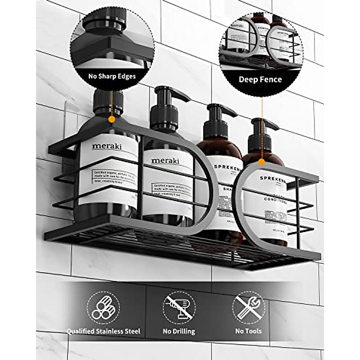Shower Caddy, Adhesive Shower Shelves Organizer, No Drilling Bathroom Shower Rack Storage, SWIFTSHARK Wall Mounted Stainless Steel Bathroom Organizer, Shower Shelves for Inside Shower, Rustproof Matte Black Bathroom Shelves - [2 Pack]