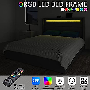 LUXOAK Queen LED Bed Frame with Wingback Headboard, Upholstered Platform Bed with 4 Storage Drawers & Charging Station, App/Remote Control, Box Spring Optional, Dark Grey…