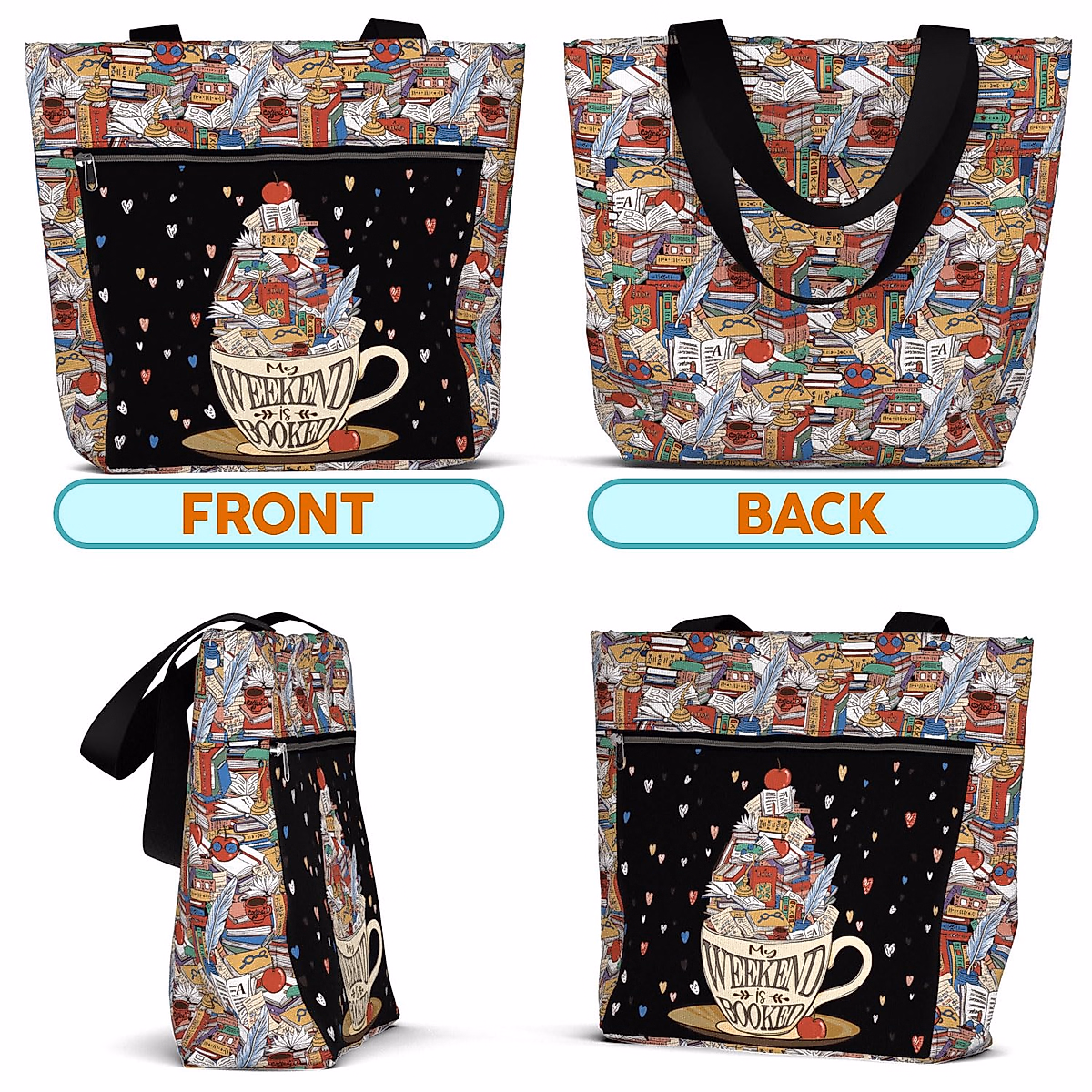 84hoods Aesthetic Waterproof Tote Bag. Gift for Book Lovers and Librarian. Cute Graphic Large Shoulder Bag with Pockets and Zipper for Work. 15 inch Grocery Bag. Weekend Booked.