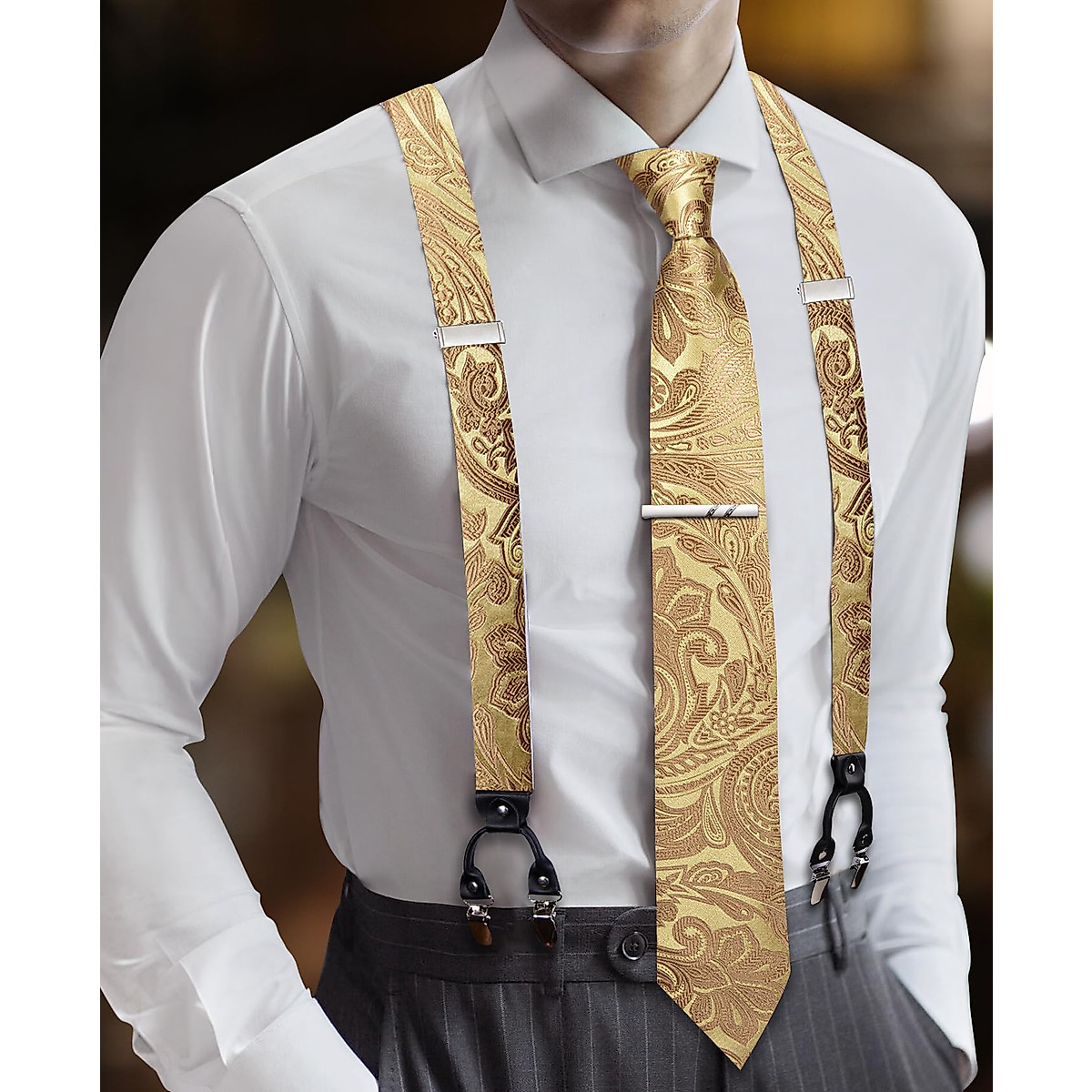 Barry.Wang Men Suspender Set with Necktie Elastic Y Type Heavy Duty 6 Clips Braces Designer Gift (Paisley Gold Flower)