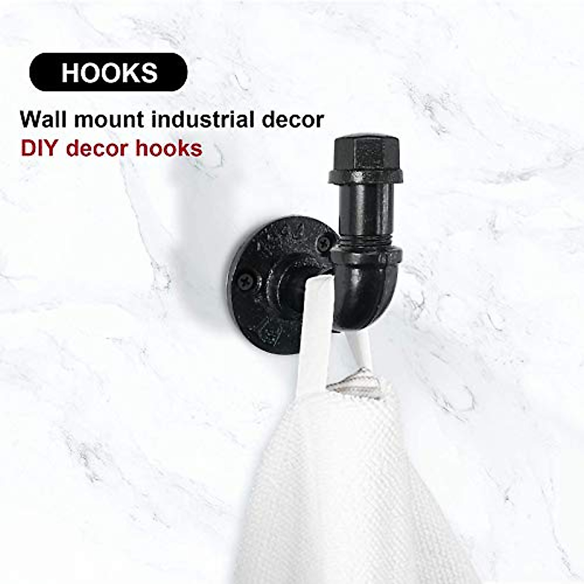 gotonovo Wall Mounted Rustic Industrial Towel and Robe Hook Set Towel Single Hook Kit Heavy Duty DIY Style Industrial Pipe Robe Hook Industrial Iron Pipe Electroplated Black Finish, 2 Pieces