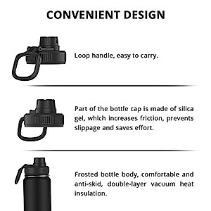 WATERH Insulated Smart Water Bottles with Straw, Intake Tracker, Water Safety Analyzer, LED Reminder, BPA Free, 18 oz Double Wall Vacuum Stainless Steel Thermos (Straw Lid (Non Smart), Black)