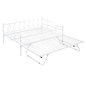 Full Size Daybed with Trundle Heavy-Duty Metal Day Bed Frame with Twin Size Adjustable Trundle Beds for Living Room Bedroom, White(Circle Pattern)