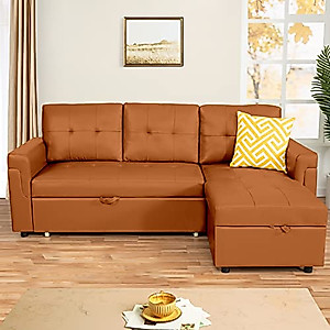 Perry Modern Sectional Sleeper Sofa with Pull Out Bed, Reversible Sleeper Sectional Sofa Bed, Best Sleeper Sofa Couch with 168L Storage, L-Shape Pull Out Couch Bed Sleeper Sofa - Caramel,Air Leather