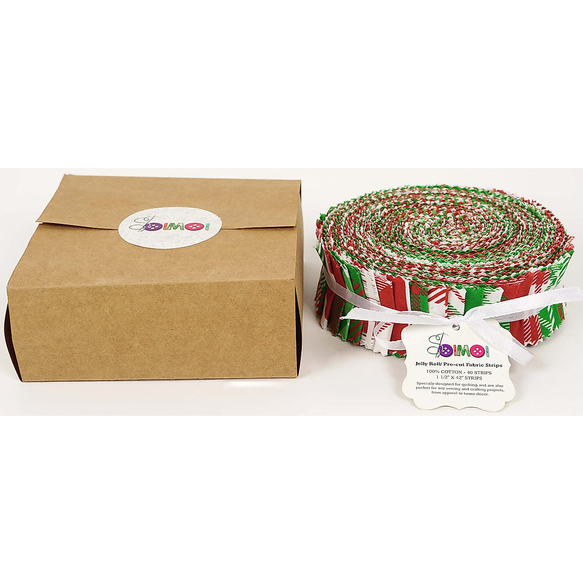 Soimoi 40Pcs Christmas Checks Print Precut Fabrics Strips Roll Up 1.5x42inches Cotton Jelly Rolls for Quilting - Red & Green