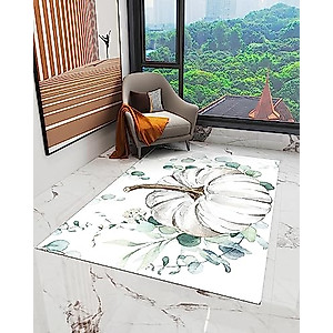 Green Eucalyptus Area Rug 5'x8',Outdoor Indoor Extra Large Carpet Runner for Girls Boys Bedroom,Living Room,Bathroom,Classroom,Office,Kitchen,Washable Area+Rug Autumn Thanksgiving Fall White Pumpkins