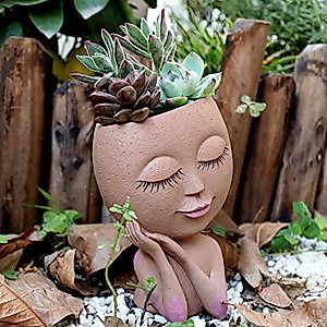 UMESONG Smiley Face Flower Pot Head Planter for Indoor Outdoor Planter Resin Head Planter Pot with Drainage Hole Two Hand Hold Cute Face Succulent Pots with Closed Eyes for Garden Planter (Dark)