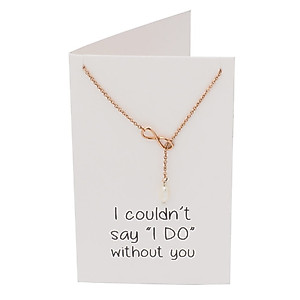 Quan Jewelry Handmade Maid of Honor Gift, Infinity and Pearl Lariat Necklaces, Bridesmaids Necklace with Greeting Card, Rose Gold Tone