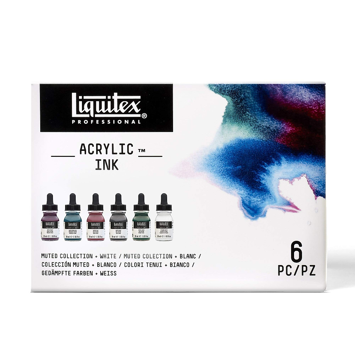 Liquitex Professional Acrylic Ink, Set of 6 (Muted Collection: Muted Green, Muted Grey, Muted Pink, Muted Turquoise, Muted Violet, White, 1-oz each)