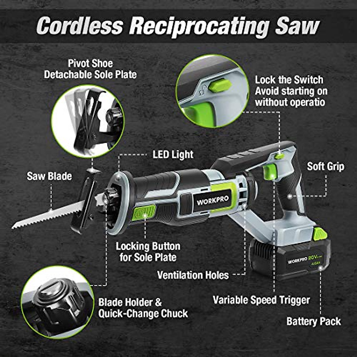 WORKPRO Cordless Reciprocating Saw, 20V 4.0Ah Battery, 1-inch Stroke Length, 4 Saw Blades for Wood & Metal Cutting Included