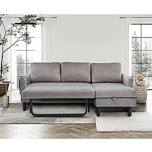 Modern Velvet Pull Out Sleeper Sofa Bed with Chaise, Comfy L Shaped Convertible Couch with Storage and Pocket, Sectional 3 Seat Couch for Living Room Furniture or Office, Smooth Back - Light Gray
