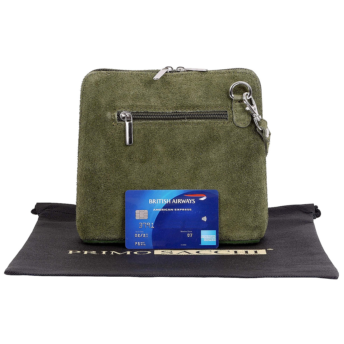 PRIMO SACCHI Ladies Italian Suede Leather Small Micro Olive Green Crossbody Shoulder Bag Handbag Purse