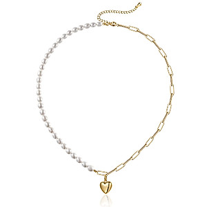 Cowlyn Love Heart Necklace Pendant 14K Gold Plated Paper Clip Chain Pearl Chain Vintage Charm Valentine Gift Women Jewelry