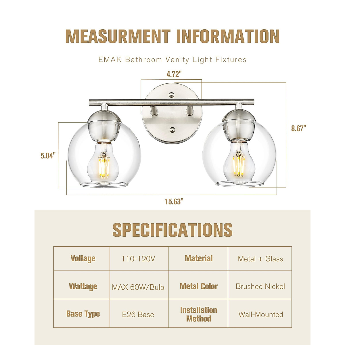 Emak Brushed Nickel Vanity Lights, 2-Light Bathroom Light Fixtures with Clear Glass Shade, Modern Globe Vanity Light for Bathroom, VL114-BN-2