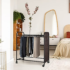 Pants Hanger Rolling Pants Trolley Pant Rack with 20 Hangers and Side Bag Multifunctional Closet Organizer for Jeans Scarf Skirts Trouser Blanket, Black