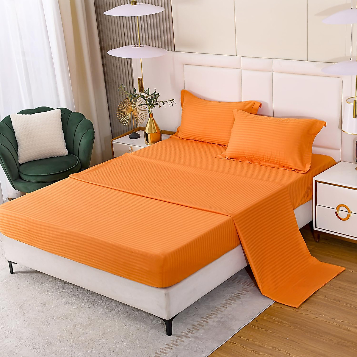 LweiPsqLin 100% Cotton Sheet Set Full Size - Pure Bed Sheets-Damask Stripe Sheet Set 600 Thread Count,Extra Deep Pocket Elastic Fits Mattress Perfectly,4 Pieces (Orange, Full)
