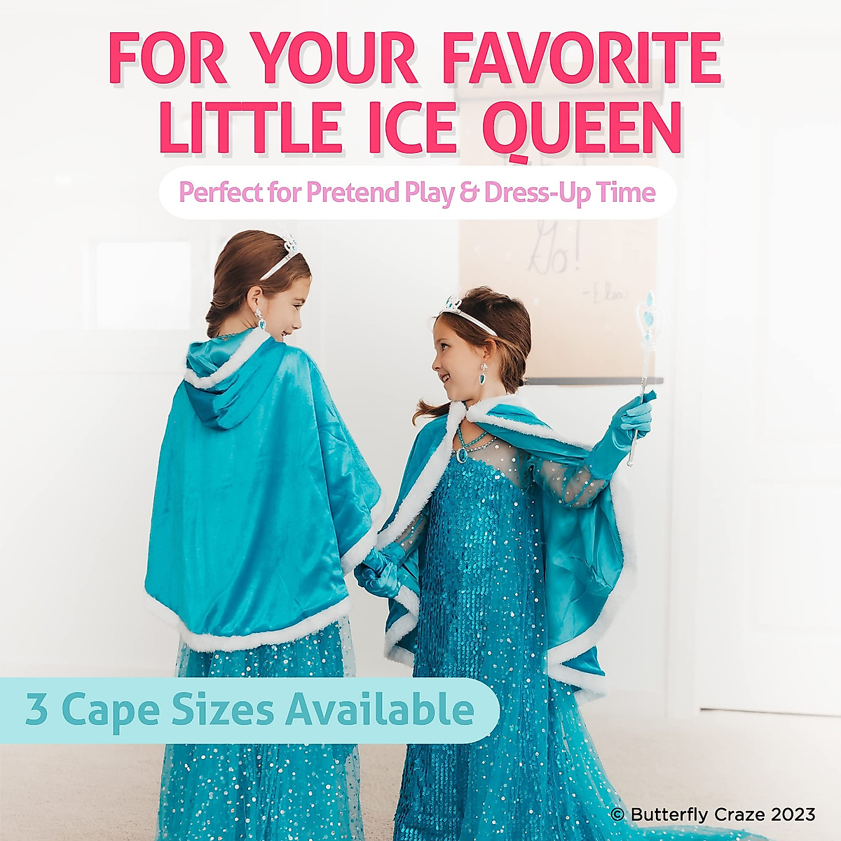 Butterfly Craze Snow Princess Kids Cape with Hood - A Gorgeous Ice Blue Children's Warm Winter Wrap Shawl Perfect for Your Toddler's Adventure, Pretend Play & Dress up Costume, Cape Only, XL 7-8yrs