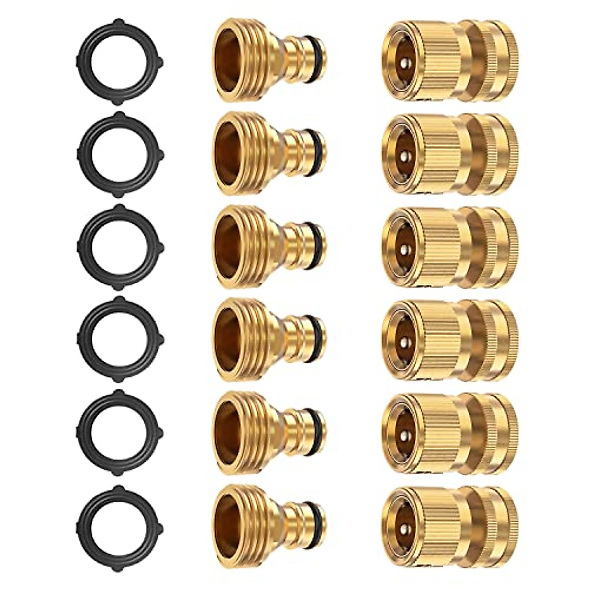 Hopcorner 6 Sets Garden Hose Quick Connector, Solid Brass 3/4 Inch GHT Thread Fitting No-Leak, Water Hose Female and Male Easy Connect