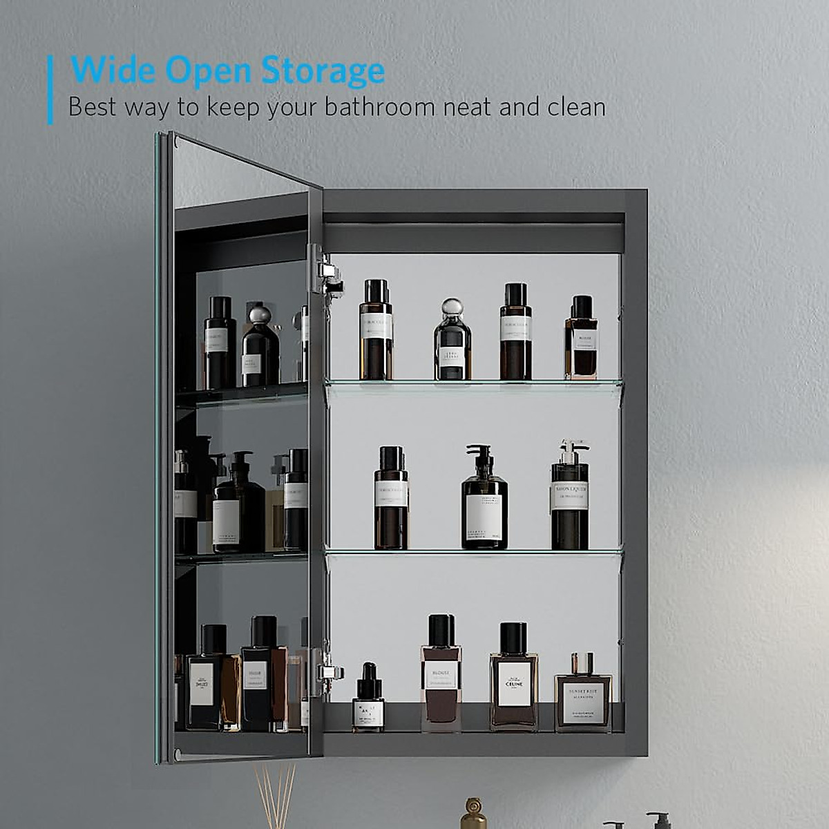 Quavikey Medicine Cabinet with Aluminum Recessed or Surface Mount Bathroom Mirror with Storage 16x26 Inch, Black