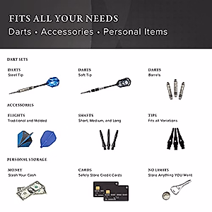 Casemaster Sole Aluminum Slim Profile Dart Case Holds 3 Steel Tip and Soft Tip Darts with Enough Space to Keep Flights in Shape, Features Built-In Pockets for Other Accessories,Black