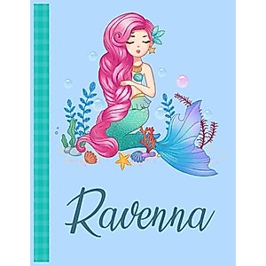 Ravenna: Personalized Mermaid Handwriting Notebook Blue Color With Blue Name Large Size 8.5'' x 11'' x 115 Pages White Paper Blank Journal Gifts for Kids - Baby and Students